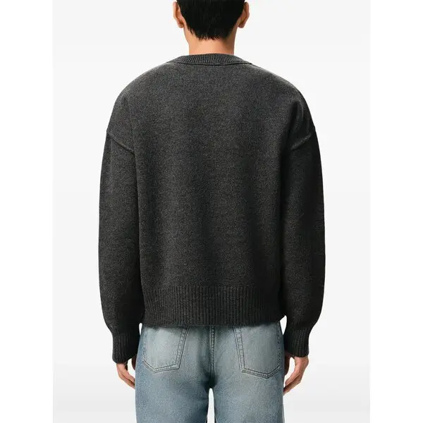 Ami Heather Grey Wool Knit Crew Neck Jumper With Intarsia Heart