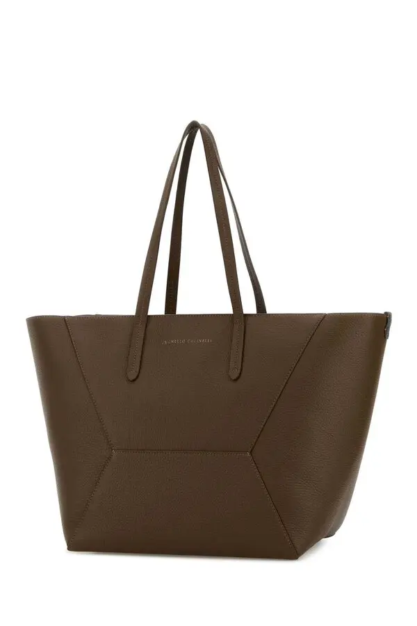Brunello Cucinelli Leather Shopping Bag With Ruthenium Finish - Brown