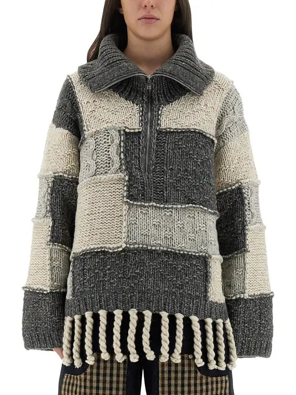 GANNI Patchwork Knit Sweater With Tassel Detail - Multicolor