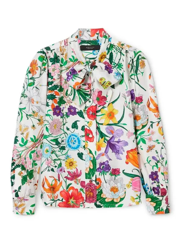 Gucci Printed Silk Twill Shirt With Bow - Multicolor
