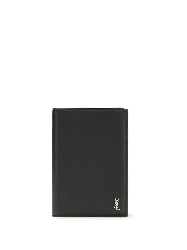 Saint Laurent Tiny Cassandre Passport Holder In Hammered Leather - Black