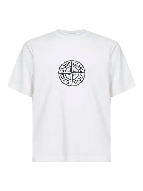 Stone Island White Organic Jersey T-shirt With All Around Compass Print - Multicolor