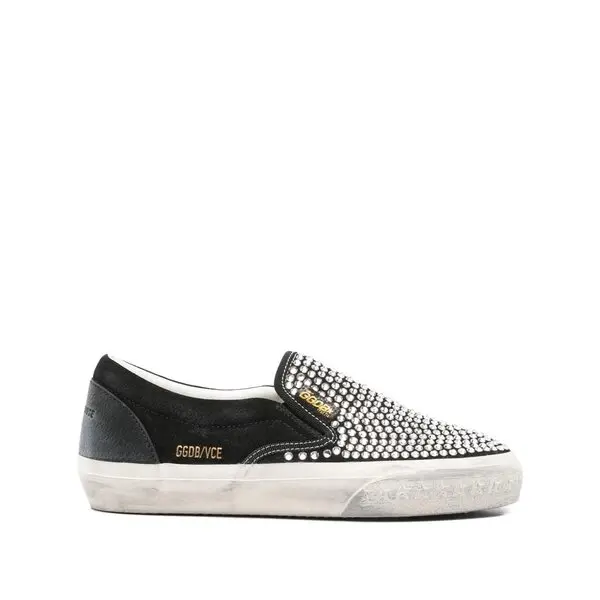 GOLDEN GOOSE Calf Suede Crystal Embellished Slip-on Trainers - Black