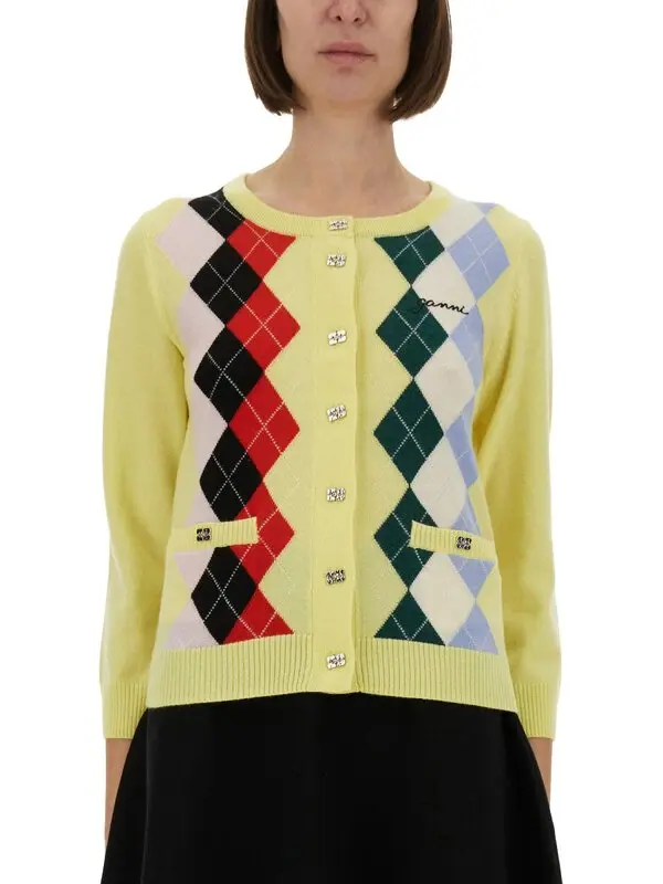 GANNI Argyle Jacquard Cashmere Cardigan - Multicolor
