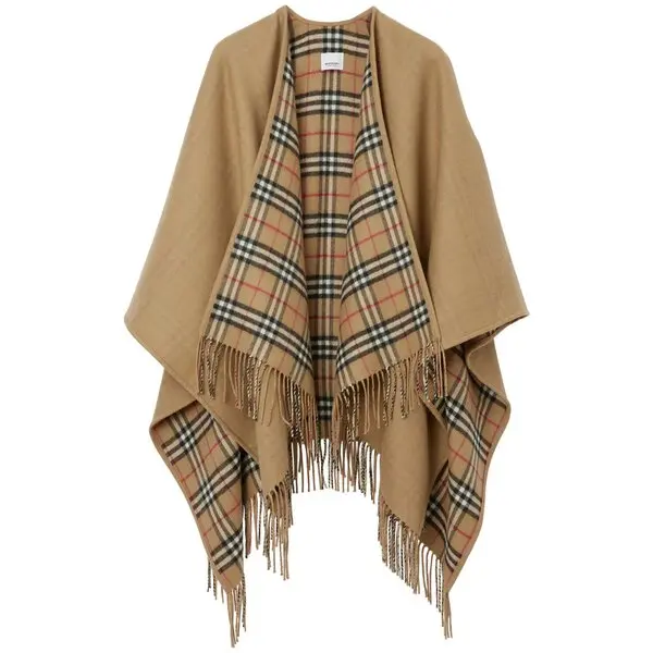 Burberry Archive Beige Wool Vintage Check Reversible Cape With Fringe - Cream