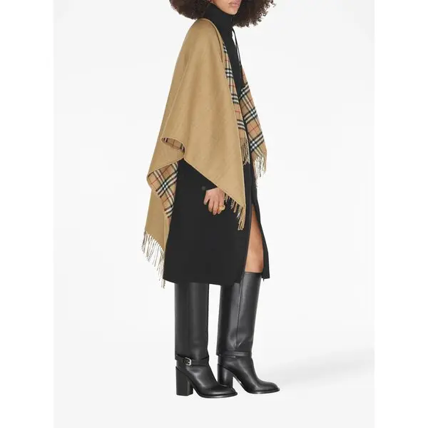 Burberry Archive Beige Wool Vintage Check Reversible Cape With Fringe