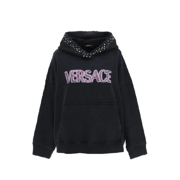 Versace Cotton Logo Hoodie With Metal Applications - Black