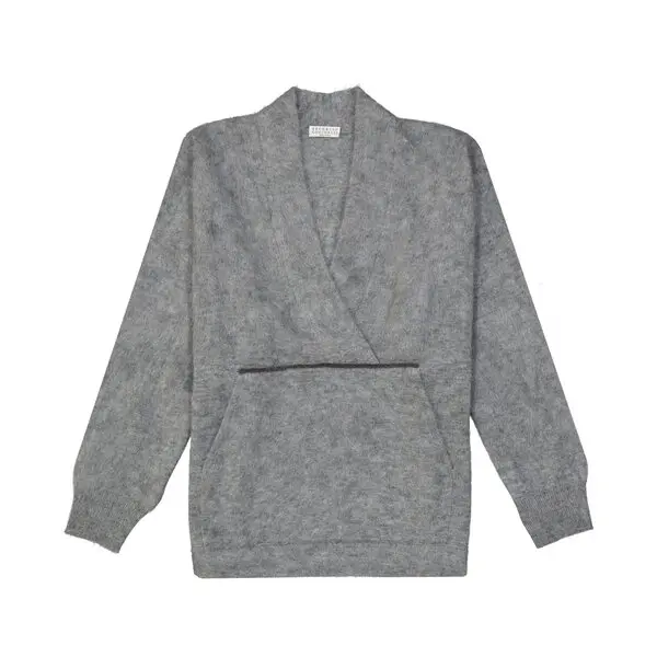 Brunello Cucinelli Mohair Wool Pullover With V Neckline And Front Pocket - Gray