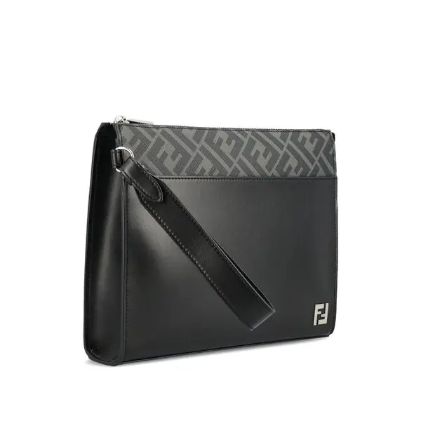 Fendi Ff Motif Leather Clutch With Detachable Wrist Strap - Black