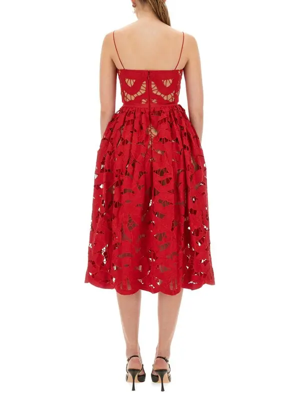 SELF-PORTRAIT Embroidered Midi Dress With Bow Detail - Red