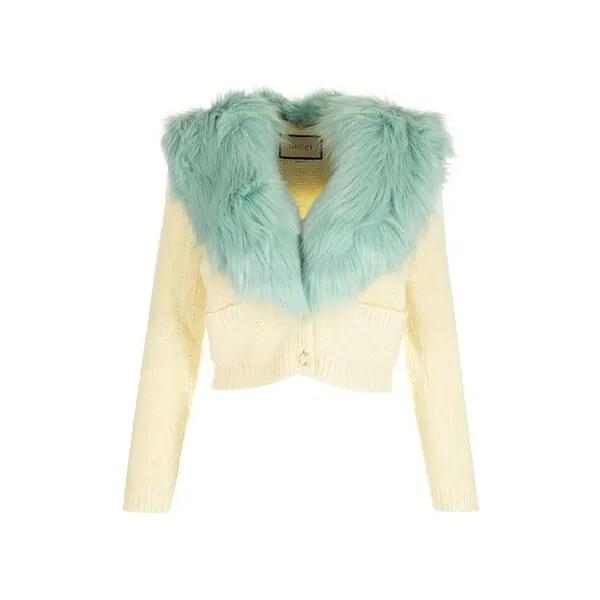Gucci Wool And Cashmere Cardigan With Faux Fur Collar - White