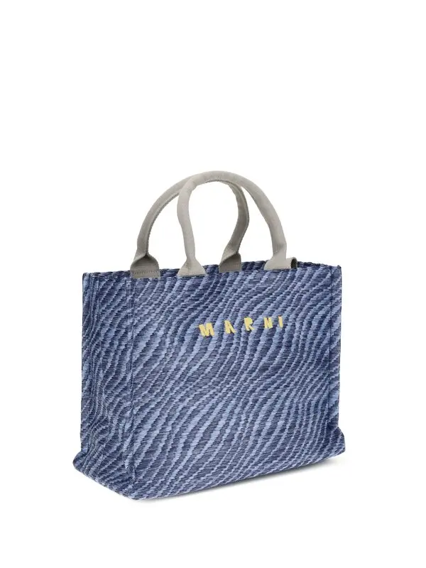 Marni Zebra Pattern Fabric Tote Bag With Leather Handles And Shoulder Strap - Blue