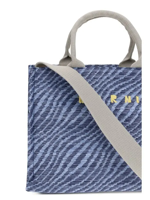 Marni Zebra Pattern Fabric Tote Bag With Leather Handles And Shoulder Strap - Blue