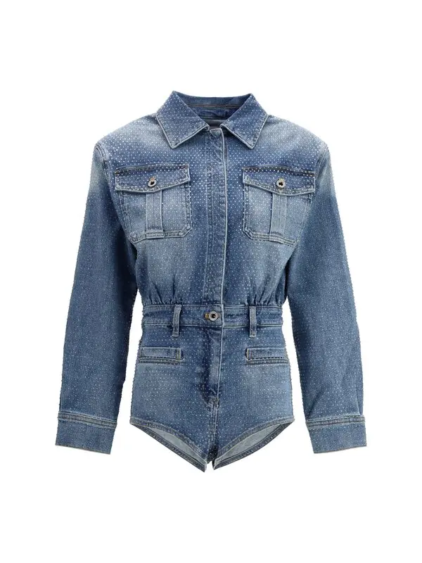 SELF-PORTRAIT Rhinestone Embellished Denim Playsuit - Blue