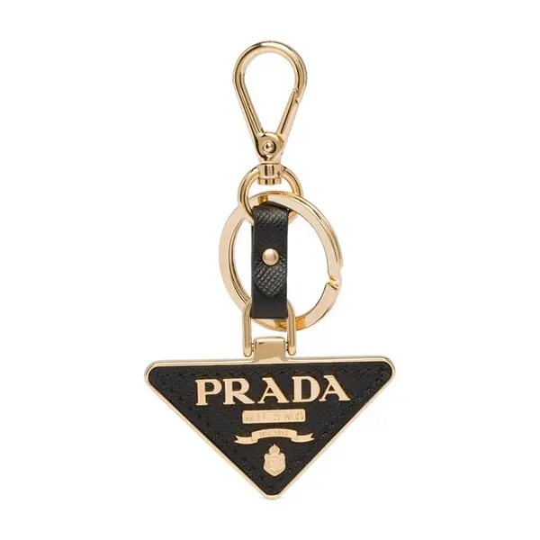 Prada Black Leather Triangle Pendant Keyring - Gold