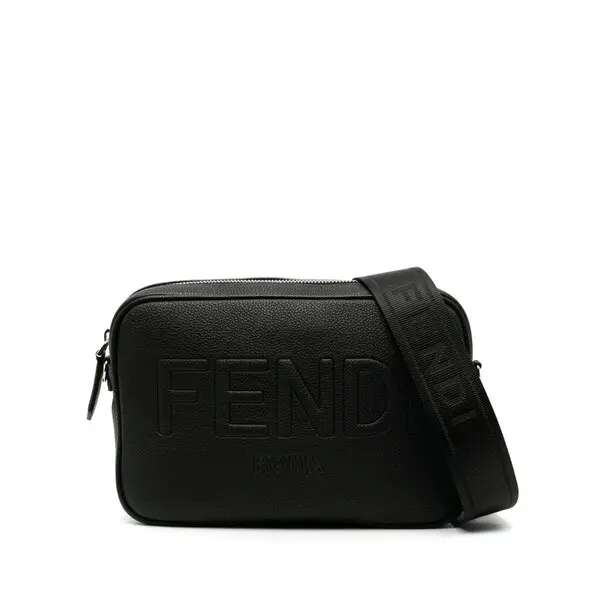 Fendi Embossed Logo Calf Leather Satchel - Black