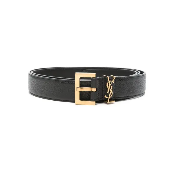 Saint Laurent Leather Belt With Cassandre Logo Plaque - Black
