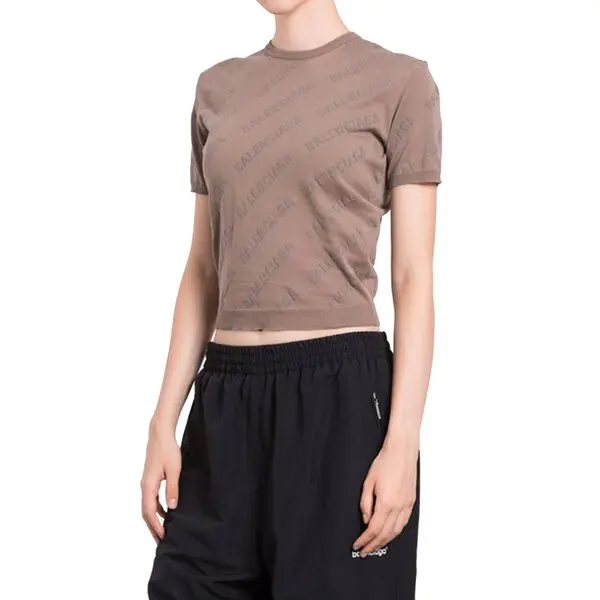 Balenciaga Knitted Top With All-over Logo Print - Brown