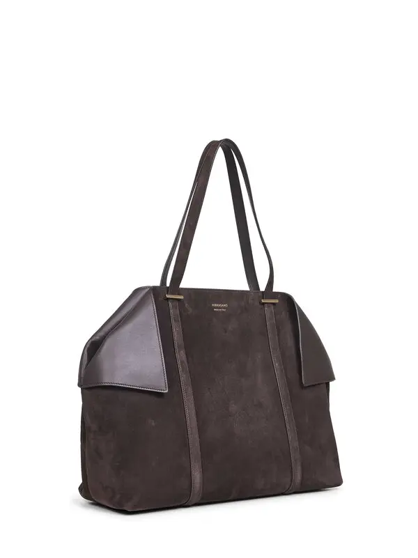 FERRAGAMO Dark Brown Calfskin Suede Folded Tote Bag
