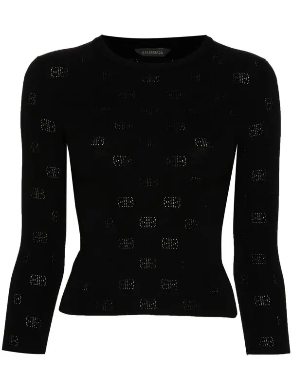 Balenciaga Open-knit Wool Bb Pattern Crew Neck Top - Multicolor