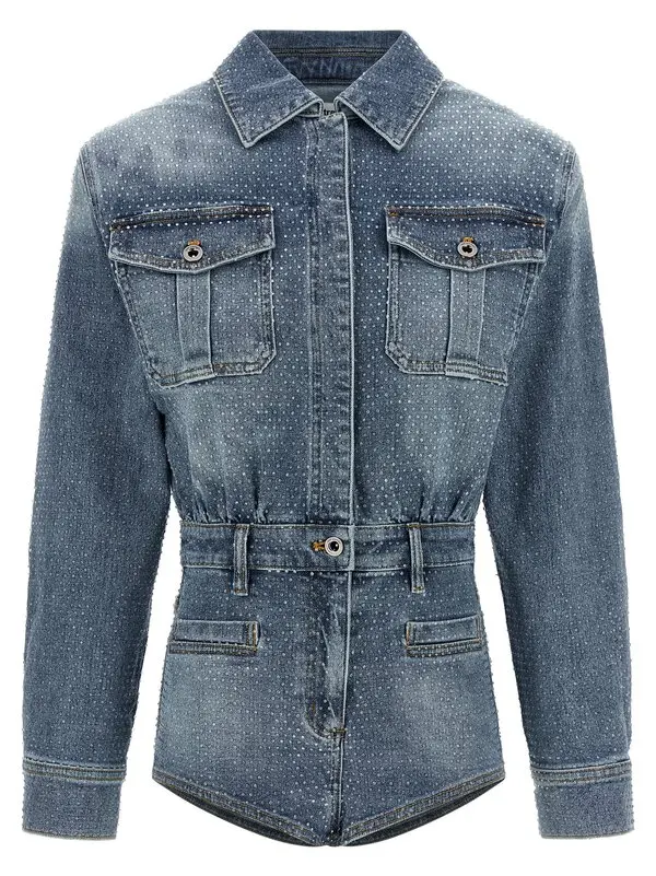SELF-PORTRAIT Rhinestone Embellished Denim Jumpsuit - Blue