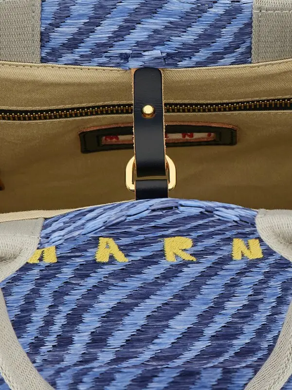 Marni Two-tone Raffia Effect Handbag With Embroidered Logo