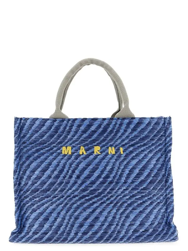 Marni Two-tone Raffia Effect Handbag With Embroidered Logo - Blue