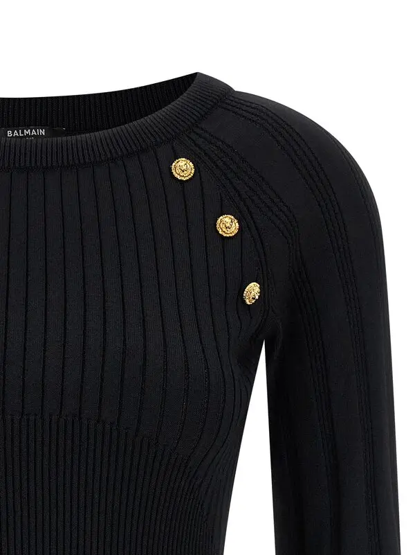 Balmain Ribbed Crew Neck Sweater With Lion Head Buttons - Black