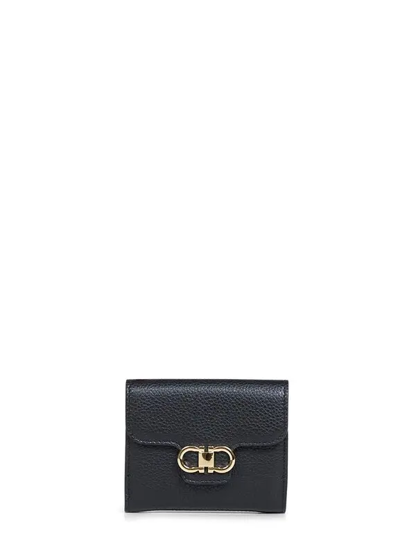 FERRAGAMO Black Hammered Calfskin Leather Gancini Compact Wallet - Multicolor