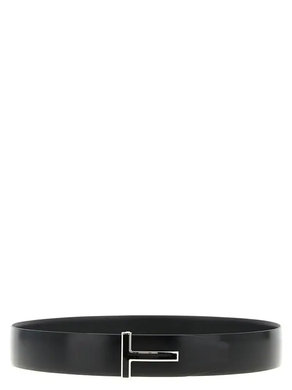 TOM FORD Shiny Leather Belt With Enamel Logo Buckle - Black