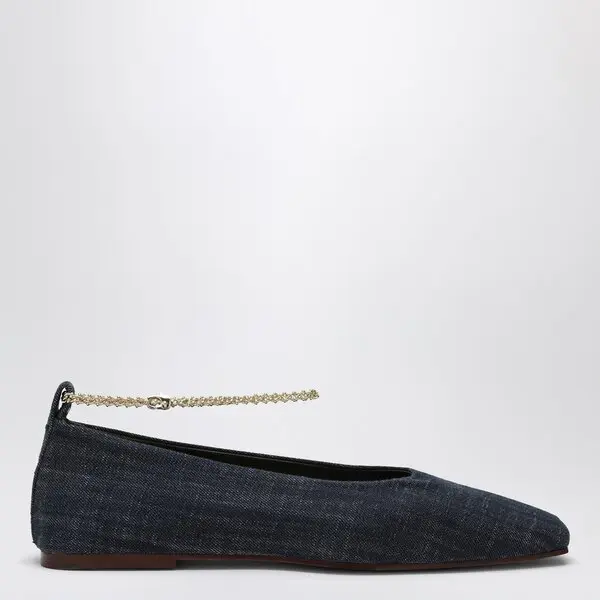 MARIA LUCA Navy Denim Ballerinas With Gold Chain Ankle Strap - Blue