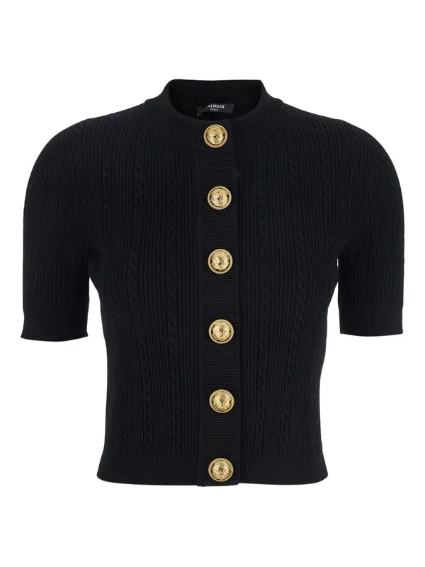 Balmain Black Cable Knit Short Sleeve Cardigan With Button Fastening - Multicolor