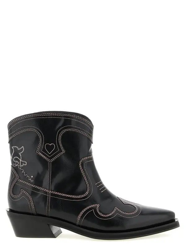 GANNI Low Shaft Embroidered Western Ankle Boots - Black