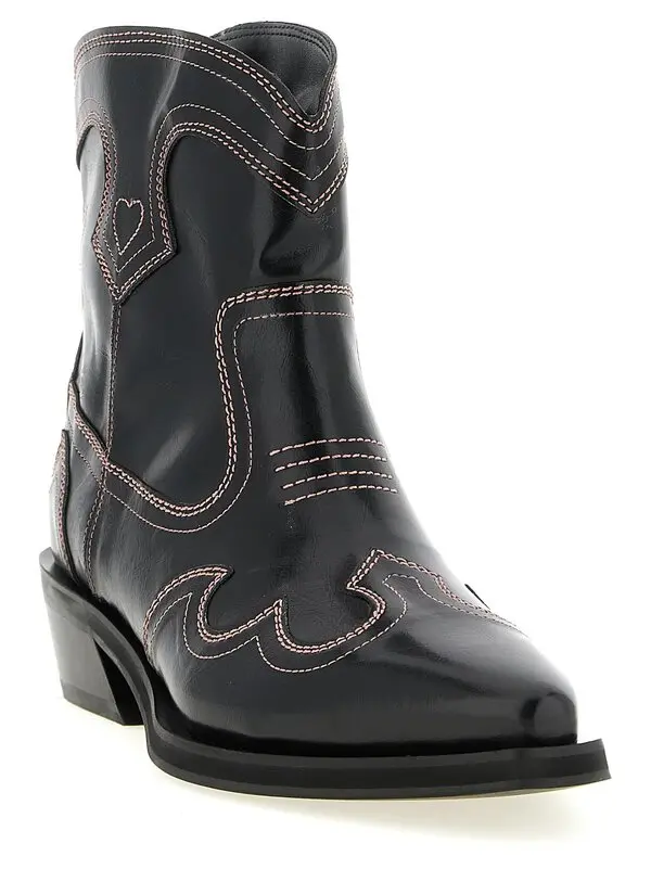 GANNI Low Shaft Embroidered Western Ankle Boots - Black