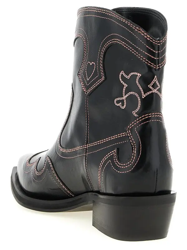 GANNI Low Shaft Embroidered Western Ankle Boots - Black