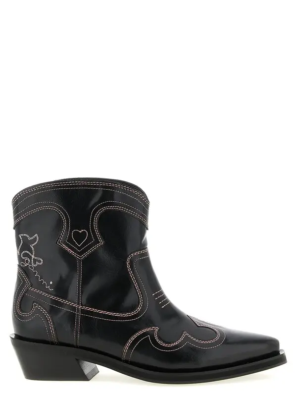 GANNI Low Shaft Embroidered Western Ankle Boots - Black