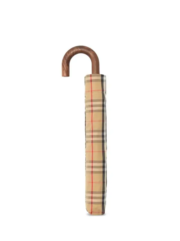 Burberry Folding Umbrella With Wooden Handle - Cream
