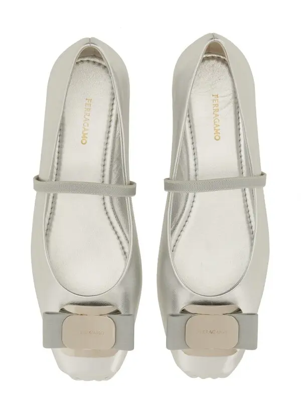 FERRAGAMO Bow Detail Ballet Flats - Silver