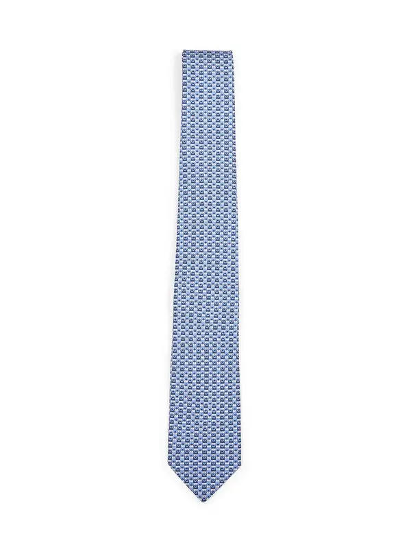 FERRAGAMO Blue Silk Tie With Two-tone Gancini Print - Multicolor