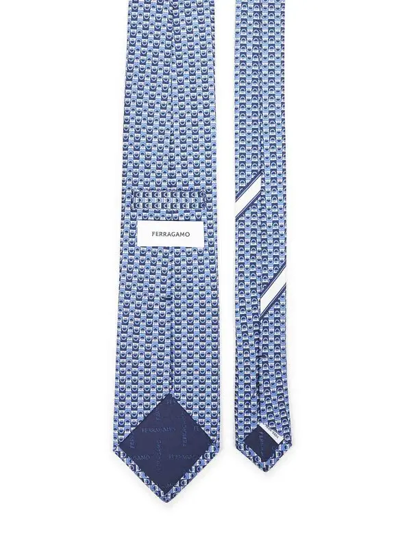FERRAGAMO Blue Silk Tie With Two-tone Gancini Print - Multicolor