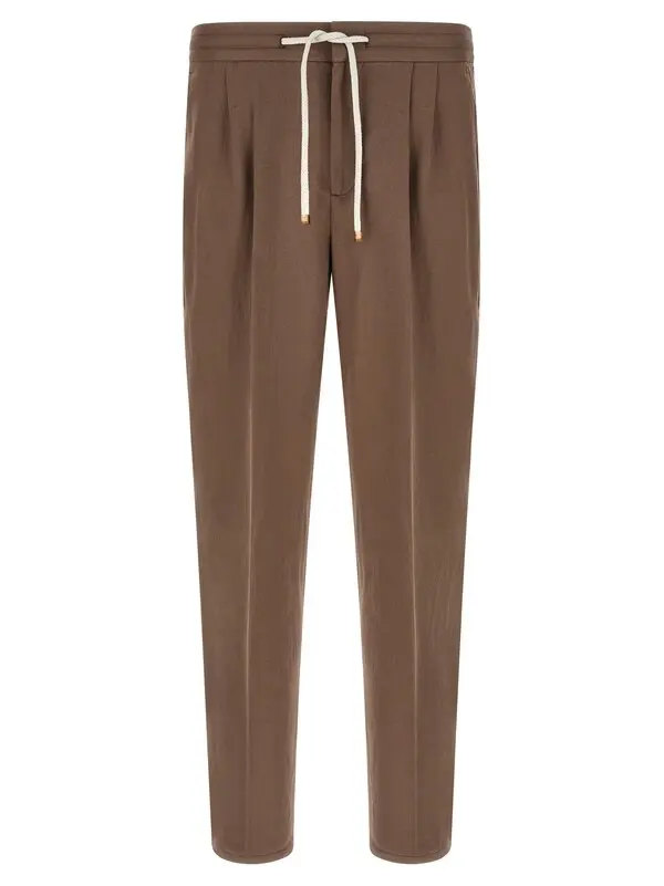 Brunello Cucinelli Linen And Cotton Blend Trousers - Brown