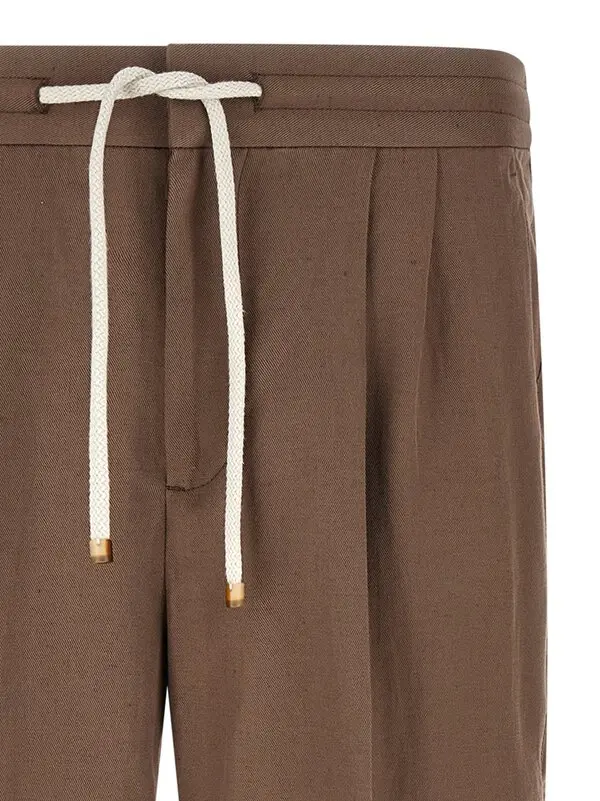 Brunello Cucinelli Linen And Cotton Blend Trousers - Brown