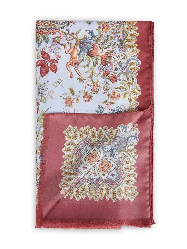 Etro Red Silk Twill Flora And Fauna-pattern Scarf
