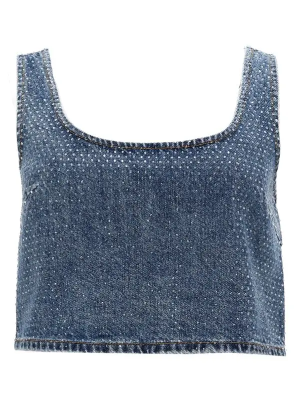 SELF-PORTRAIT Denim Crop Top With Rhinestones - Blue
