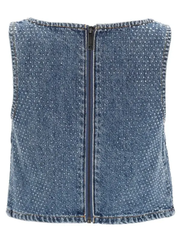 SELF-PORTRAIT Denim Crop Top With Rhinestones - Blue