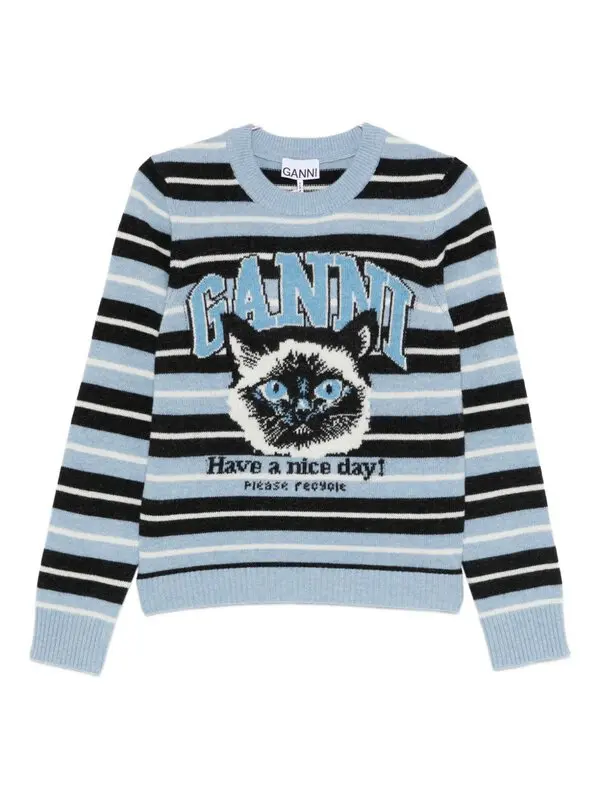 GANNI Striped Crewneck Sweater With Graphic Cat Motif - Multicolor
