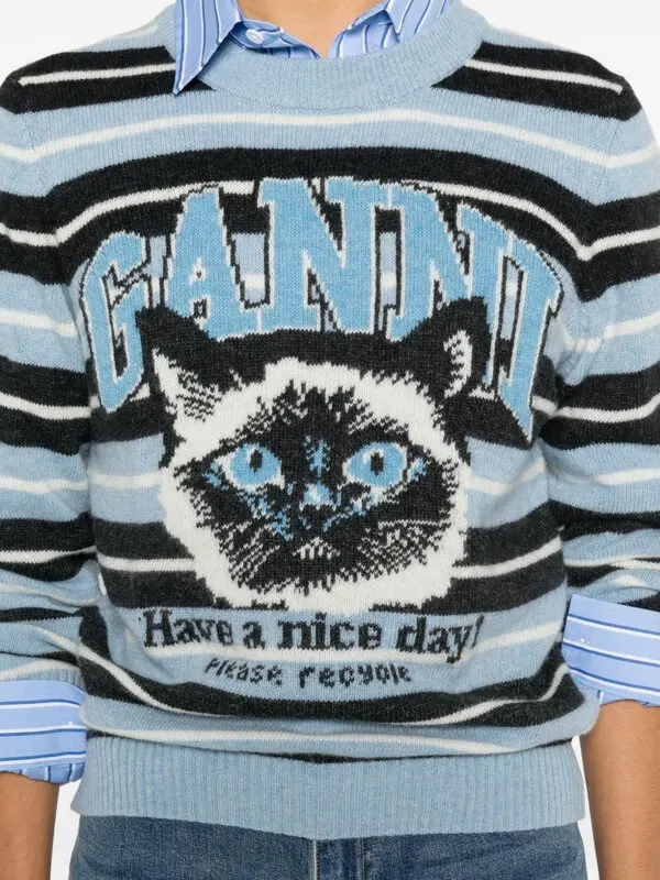GANNI Striped Crewneck Sweater With Graphic Cat Motif - Multicolor