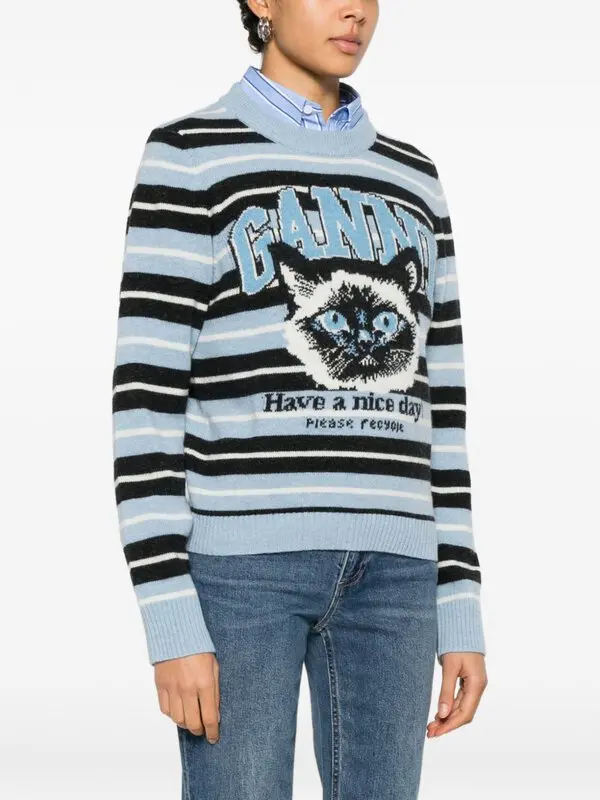 GANNI Striped Crewneck Sweater With Graphic Cat Motif - Multicolor