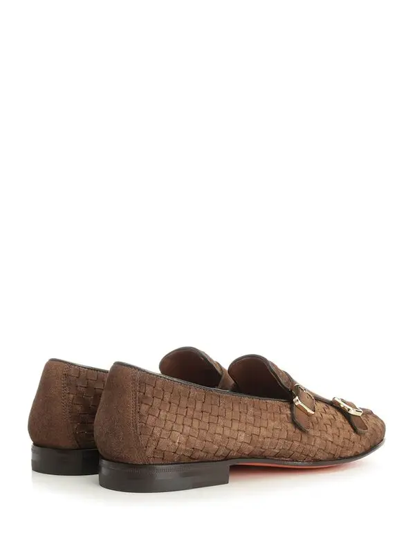 Santoni Suede Moccasins With Double Buckle And Woven Workmanship