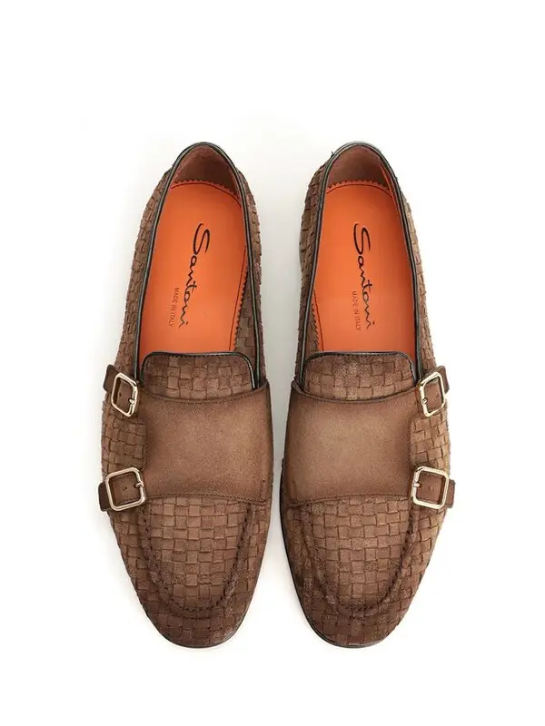 Santoni Suede Moccasins With Double Buckle And Woven Workmanship